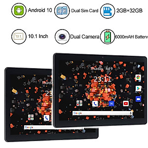 ZONKO Tablet 10 Inch, Android 10 Tablet, Dual Camera Tablet PC, 2GB+32GB Storage, IPS HD Touchscreen, Quad Core, WiFi, Bluetooth Black