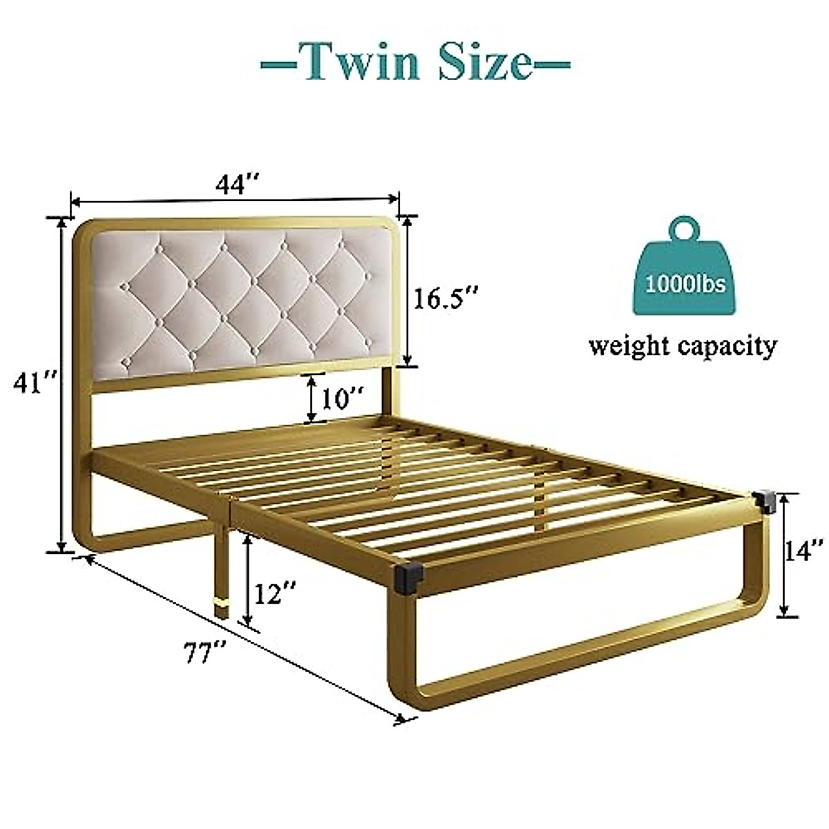 iPormis Twin Size Metal Bed Frame with Velvet Button Tufted Headboard, Curved Platform Frame, Thicker Steel Slats Support, 12'' Under-Bed Space, Noise-Free, Easy Assembly, Gold & Beige