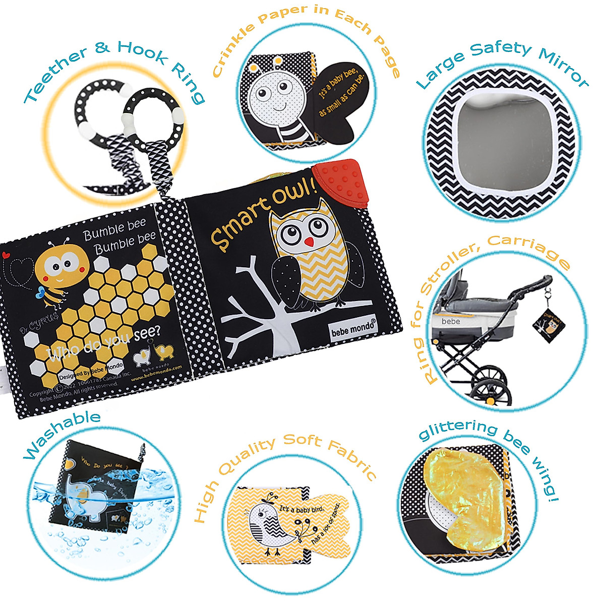 Touch and Feel Cloth Crinkle Books for Babies Infant, Baby Books Toys 0-3-6-12 Months, Christmas Shower Baby Gifts, High Contrast Toys,Teething Teethers, Tummy Time Mirror Toys for Boys and Girls-Owl