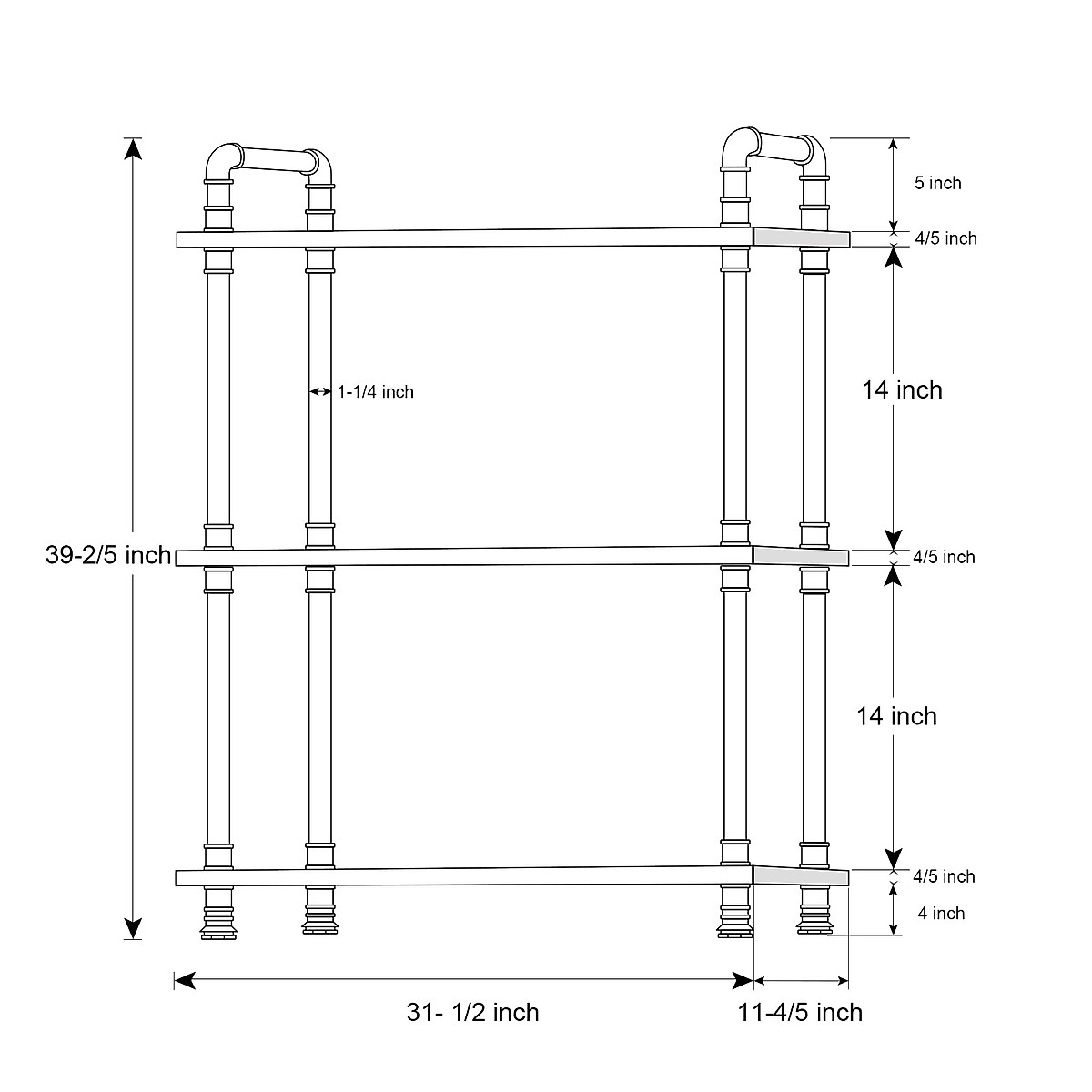 HouseAid 3 Tier Industrial Pipe Etagere Bookcase, Rustic Farmhouse Standing Shelf, Real Pine Wood Open Shelves for Living Room, Bathroom and Kitchen, Wall Mounted, Matte Black (39.4”×31.5”×11.8”)