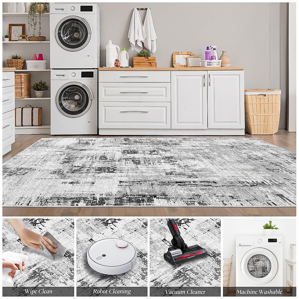 Vamcheer Washable Abstract Area Rug - Contemporary Style for Living Room, Bedroom, Kitchen - Machine Washable Rug for Living Room - Non-Shedding and Easy-Cleaning - Grey 5x7 ft