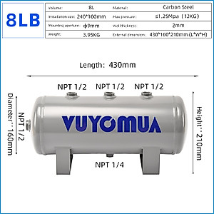 VUYOMUA Carbon Steel High Pressure Mini Small Portable Air Tank Air Reservoir Storage Tank (8LB)
