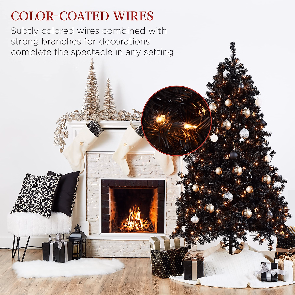 Best Choice Products 6ft Pre-Lit Black Christmas Tree, Full Artificial Holiday Decoration for Home, Office, Party Decoration w/ 947 Branch Tips, 250 Lights, Metal Hinges, Foldable Base