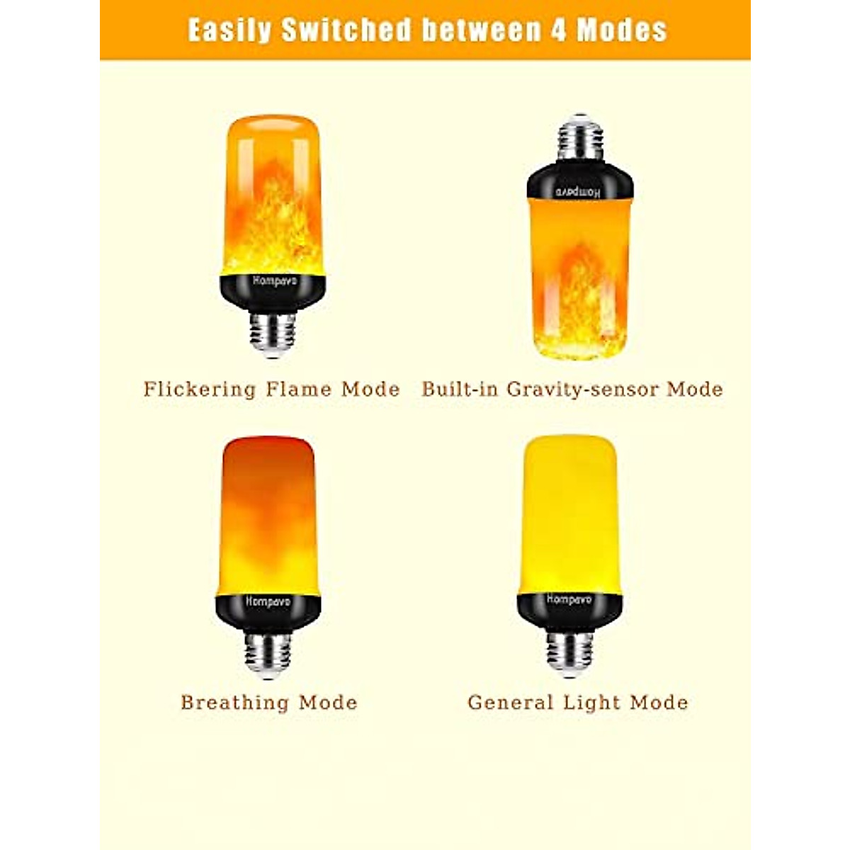 Hompavo 【Upgraded】 LED Flame Light Bulbs Halloween Decorations, 4 Modes Flickering Light Bulbs with Upside Down Effect, E26/E27 Base Flame Bulb for Christmas Party Home Indoor & Outdoor (2 Pack)