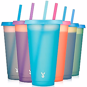 Meoky Plastic Cups with Lids and Straws - 6 Pack 24 oz Color Changing Cups with Lids and Straws Bulk, Reusable Cups with Lids and Straws for Adults Kid Women Party, Cute Cold Cups for Iced Coffee