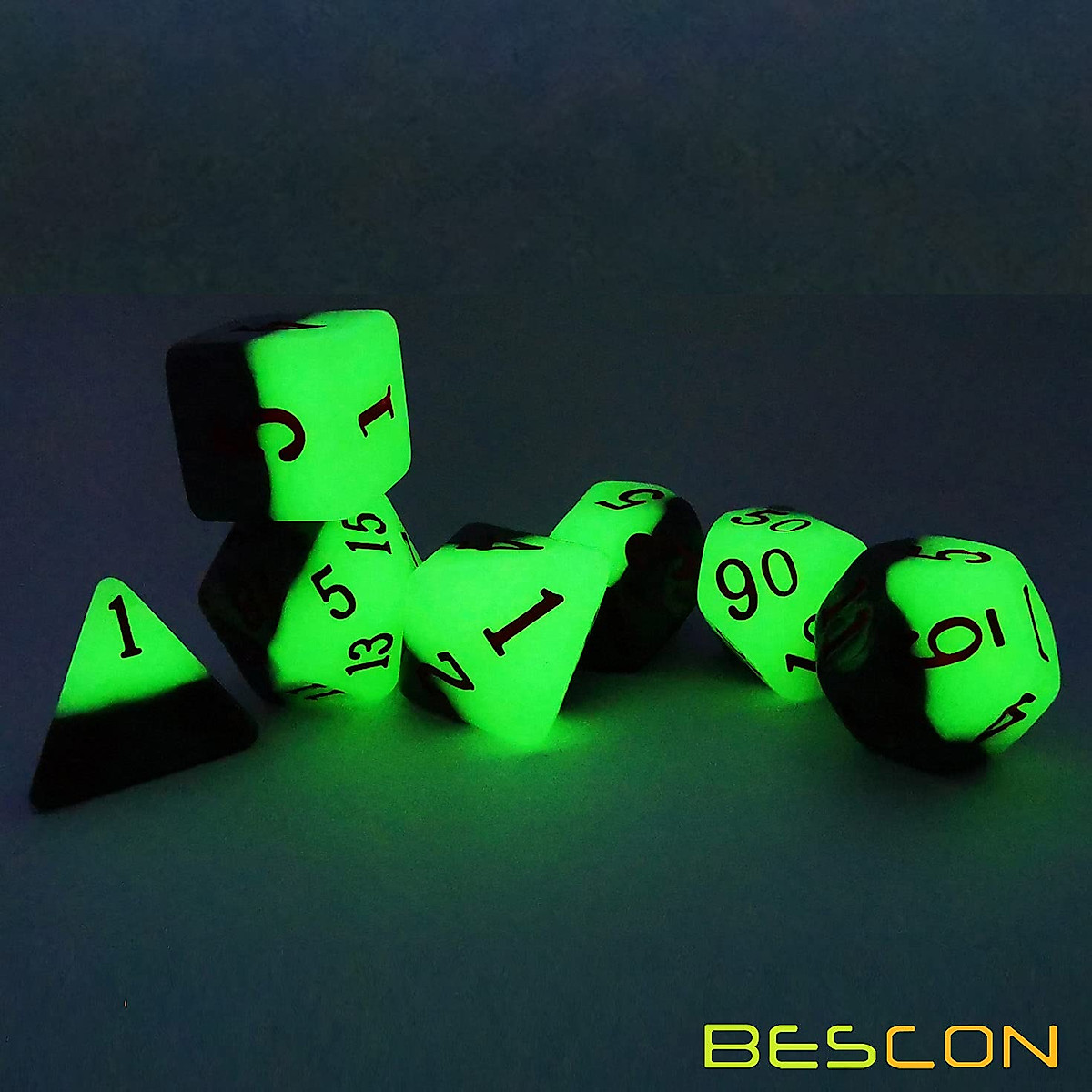 Bescon Two-Tone Glowing Polyhedral Dice 7pcs Set Green Dawn, Luminous RPG Dice Set d4 d6 d8 d10 d12 d20 d%, Brick Box Packaging