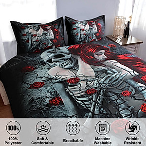 Skull Halloween Duvet Cover King - Love Never Dies Duvet Cover with 2 Pillowcases, Fun Image of Vibrant Colors, Zipper Closure, Super Soft, ZHH