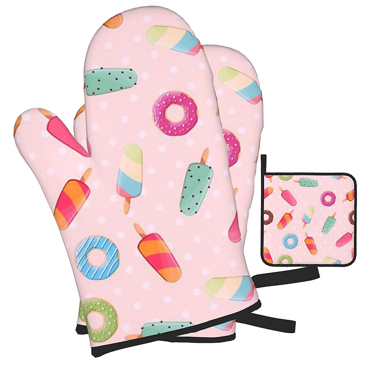 Many Colored Ice Cream Oven Mitts and Pot Holders Sets of 3 Washable Heat Resistant Hot Pads Non-Slip BBQ Gloves for Kitchen Cooking Baking Grilling