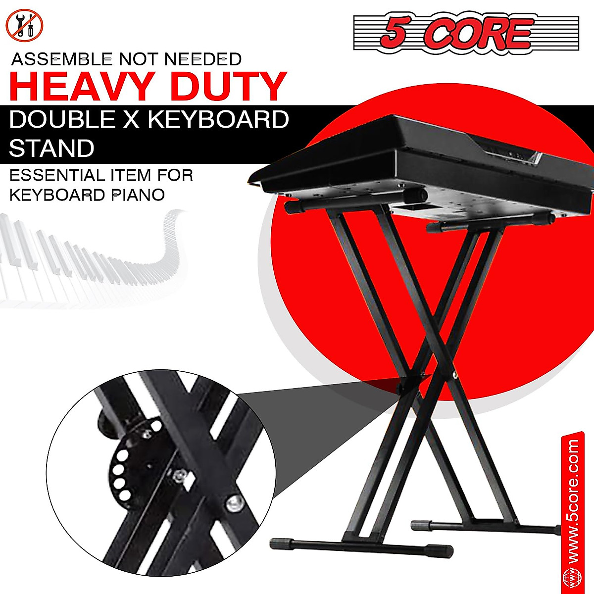 5 CORE Piano Keyboard Stand Double X Heavy Duty 7 Adjustable Heights & Width Digital Electric Synthesizer Music Stands For 61 76 88 Keys w Secure Locking Strap KS 2X BLK