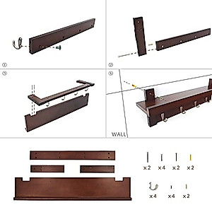 SONGWAY Wall Mounted Floating Shelf - Wall Coat Rack with Hooks and Shelf, Rustic Floating Shelf, Wood Wall Shelf with Hooks, Key Holder for Wall, Brown