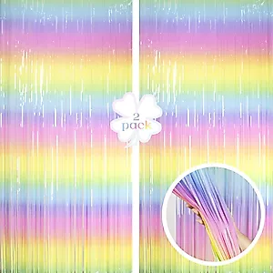 Rainbow Gradient Foil Fringe Curtain - LILF 2 Packs of 3.3ft x 8.3ft Ombre Tinsel Streamers for Bridal Baby Shower Kids Ice Cream Birthday Party Photo Booth Backdrop Decoration Props