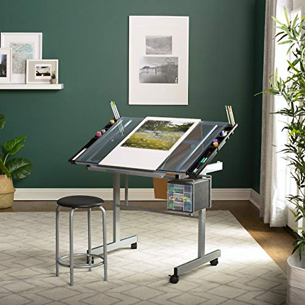 SD Studio Designs Studio Designs 2 Piece Vision Modern Metal Hobby, Craft, Drawing, Drafting Table, Mobile Desk with 40.75" W x 25.75" D Angle Adjustable Top in Silver/Blue Glass