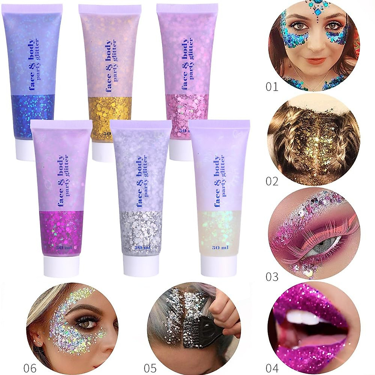 2 Pack Face and Body Glitter, Chunky Glitter for Nail and Hair Glitter Gel Festival Essentials Sparkling Holographic Highlighter Makeup. (01-Blue & 06-White Moonbeam)