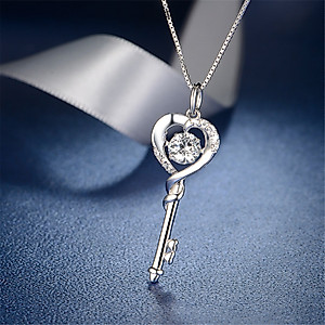 MABELLA Dancing CZ Key to Heart 18K White Gold Plated Sterling Silver Pendant Necklace, Women Jewelry Gifts