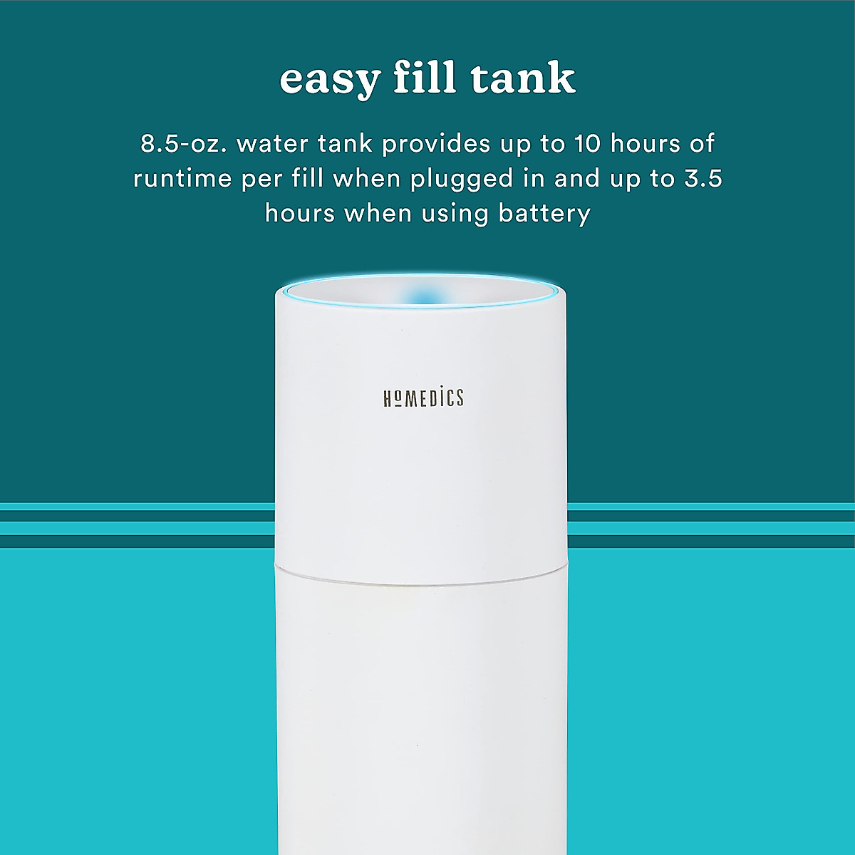 Homedics Portable Humidifier - Small Air Humidifiers for Bedroom, Plants, Office, Travel - Cool Mist Humidifiers, Color-Changing Accent Light, 2 Mist Settings, White