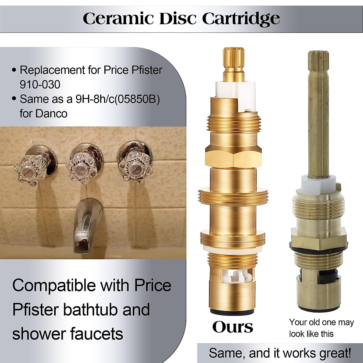 Dreyoo Ceramic Disc Cartridge Replacement for 910-030, Diverter Stem Replacement for 910-022, Shower Valve Faucet Cartridge Compatible with Price/Pfister, Hot Cold Diverter, Brass Construction