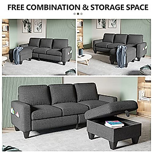 Lonkwa Convertible Sectional Sofa L-Shaped Couch, Dark Gray Couches for Living Room with Reversible Chaise, 3-Seat Modern Linen Sectional Couch for Living Room/Apartment/Office/Small Space