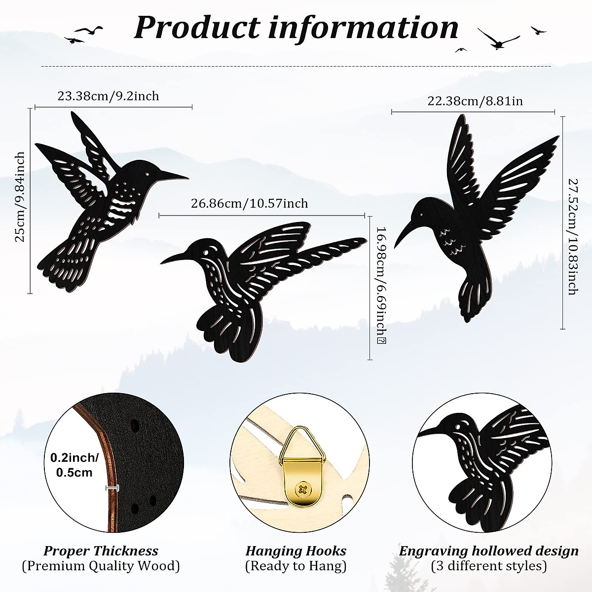 3 Pieces Wood Hummingbird Wall Art Decor 9 inch Hummingbird Wall Decorations for Bedroom Black Wood Wall Sculpture Bird Indoor Kitchen Wall Hanging Balcony Decor for Home Bedroom Office Garden