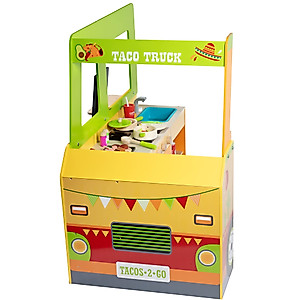 Taco Truck Wooden Playset, 30 Toy Pieces Including Cook Top, Steering Wheel, Sink, Sticker Sheet for Kids Name, Food, Taco Shells, Cheese, Patties, Dual Sided Play Stand Set for Indoor Fun, Ages 3+
