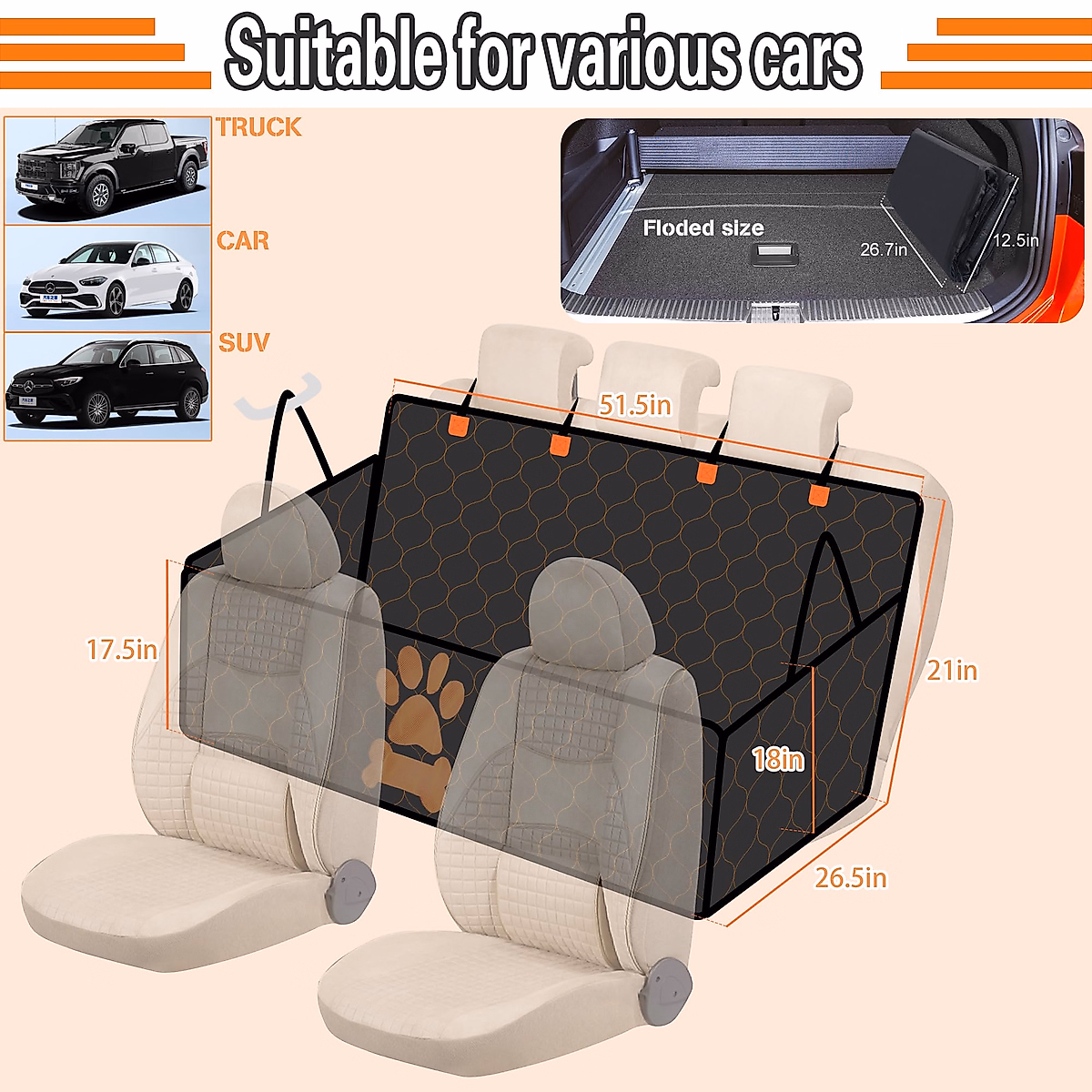 BABYLTRL Back Seat Extender for Dogs, Dog Car Seat Cover for Back Seat Bed for Car Travel Bed, Dog Hammock for Car Camping Mattress, Thickened Foldable Waterproof Dog Bed for Car SUV Compact Trucks