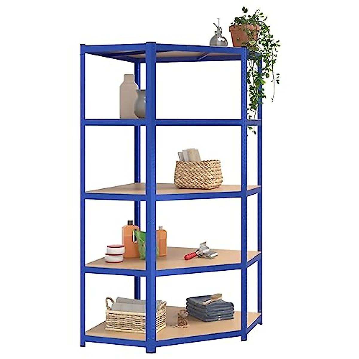 vidaXL Industrial Style Corner Shelf - 5-Layer Storage Unit - Blue Engineered Wood and Galvanized Steel Construction - Fits Any Corner