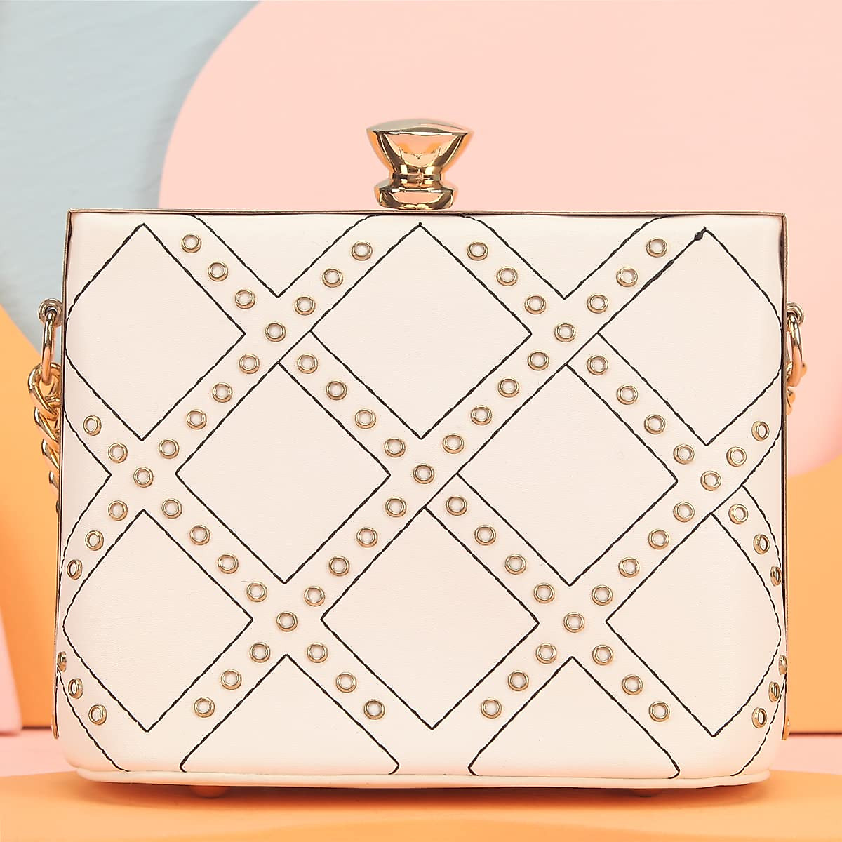Fawziya Evening Clutch Studded Diamond Thick Chain Novelty Medium Purses For Women Formall-White