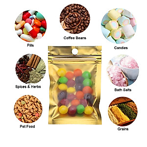 Luckkyme 200 Pack Mylar Zip Lock Bags Aluminum Foil Bags Durable Double-Sided Metallic Foil Mylar Flat Mini Ziplock Bag 7.5 x 12 cm/ 3 x 4.7 Inch (Gold)