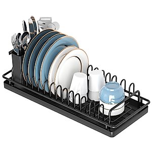 XYZLVSI Small Dish Drying Rack, Compact Dish Rack Sink Drying Rack with Silicone Mat, Dish Drainer Dish Organizer for Kitchen Counter & Over Sink, Stainless Steel, Black