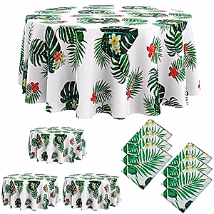 Oudain 3 Pieces Hawaiian Tablecloth 84 Inch Luau Tropical Flower Round Table Cloth Plastic Disposable Palm Summer Table Cover for Beach Birthday Kid Party Decorations Supplies (Fresh Style)