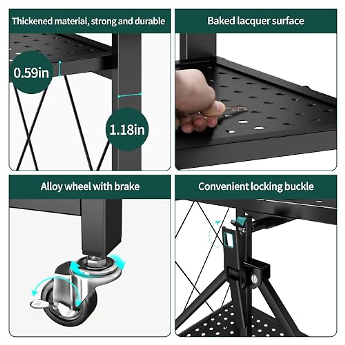 Foldable Storage Shelves on Wheels, 4 Tier Shelves for Storage, Heavy Duty Metal Shelving Units, No Assembly Storage Rack for Garage, Kitchen, Basement, Pantry, Black