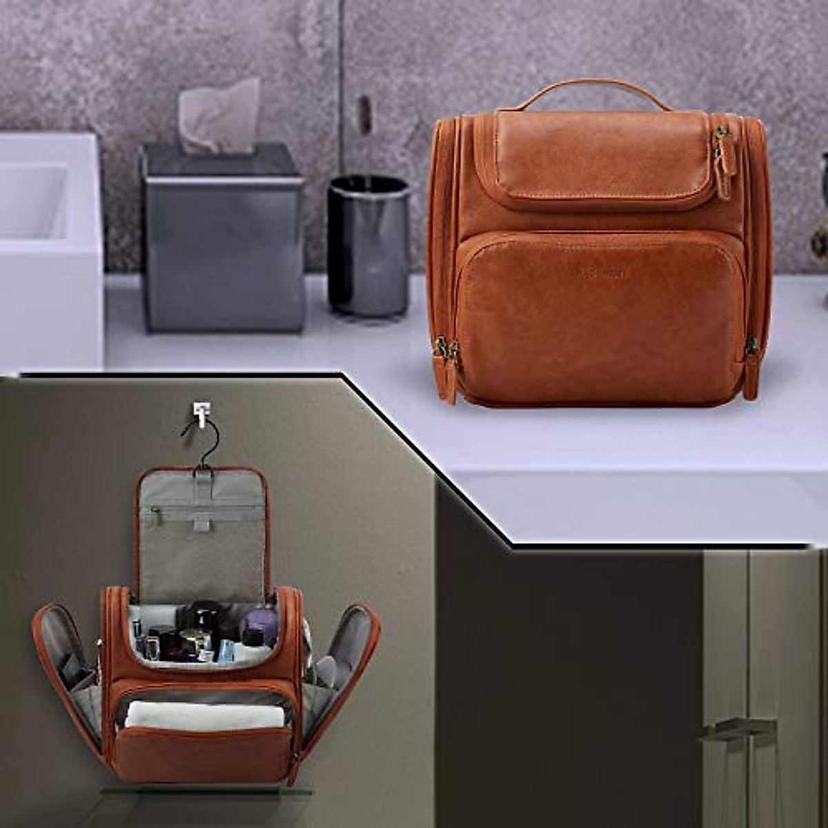 BAGSMART Hanging Toiletry Bag, Water-resistant Leather Dopp Kit, Large Travel Organizer for Full Sized Container, Brown