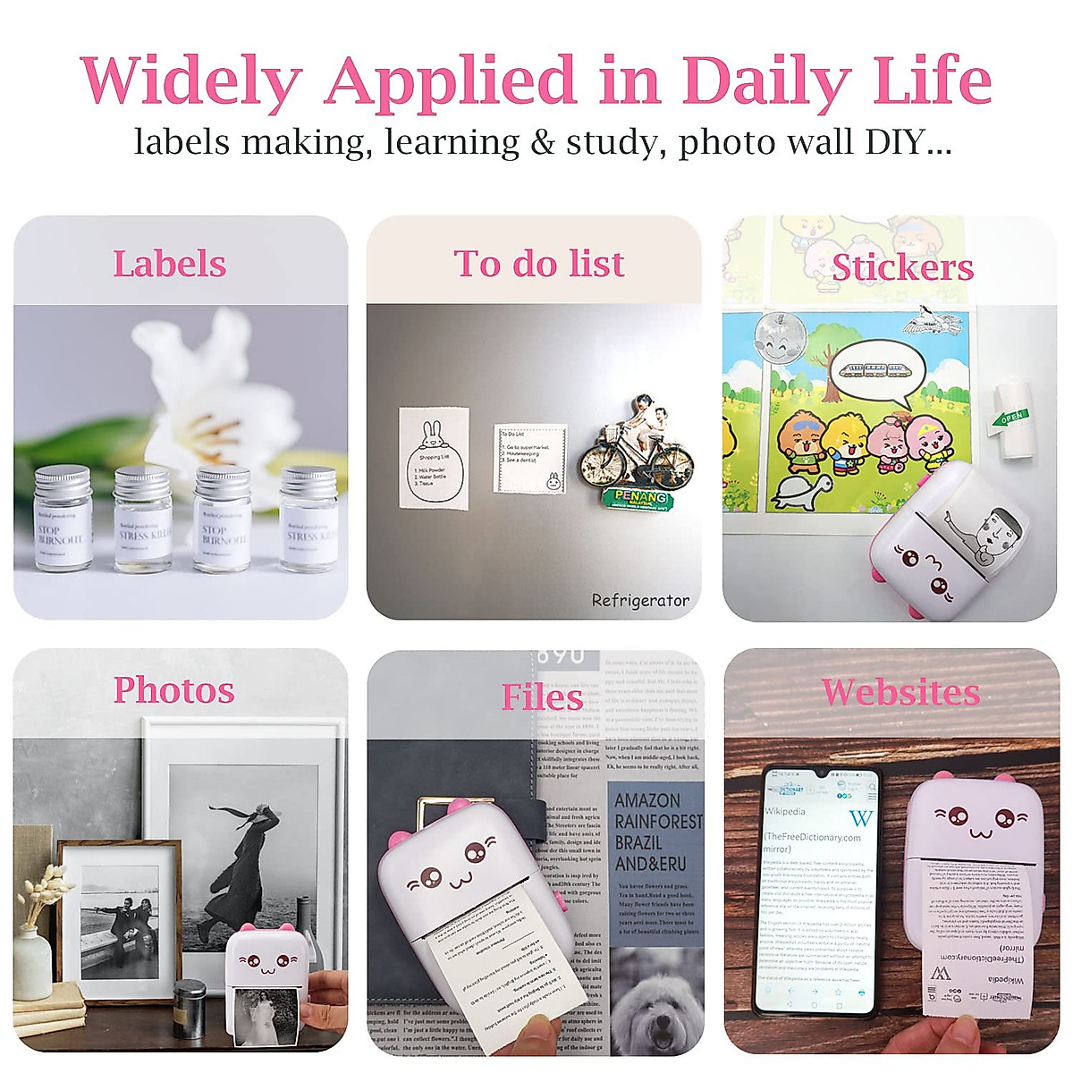 Vicbear Mini Pocket Printer, Portable Thermal Printer with 8 Rolls Printing Paper, Bluetooth Wireless Tiny Printer for Photos/Stickers/Labels/Notes/Receipts, Compatible with iOS and Android, Pink