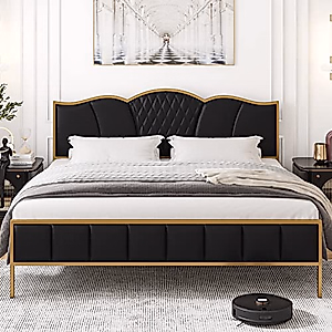 HITHOS King Size Bed Frame, Modern Upholstered PU Bed Frame with Tufted Headboard, Heavy Duty Platform Bed with Wood Slat Support, Noise Free, No Box Spring Needed (Black, King)