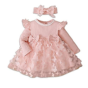 PATPAT Baby Girl Dress Long Sleeve Tutu Dress Infant Girl Tulle Dress Flower Girl Party Birthday Princess Dresses Light Pink 18-24 Months