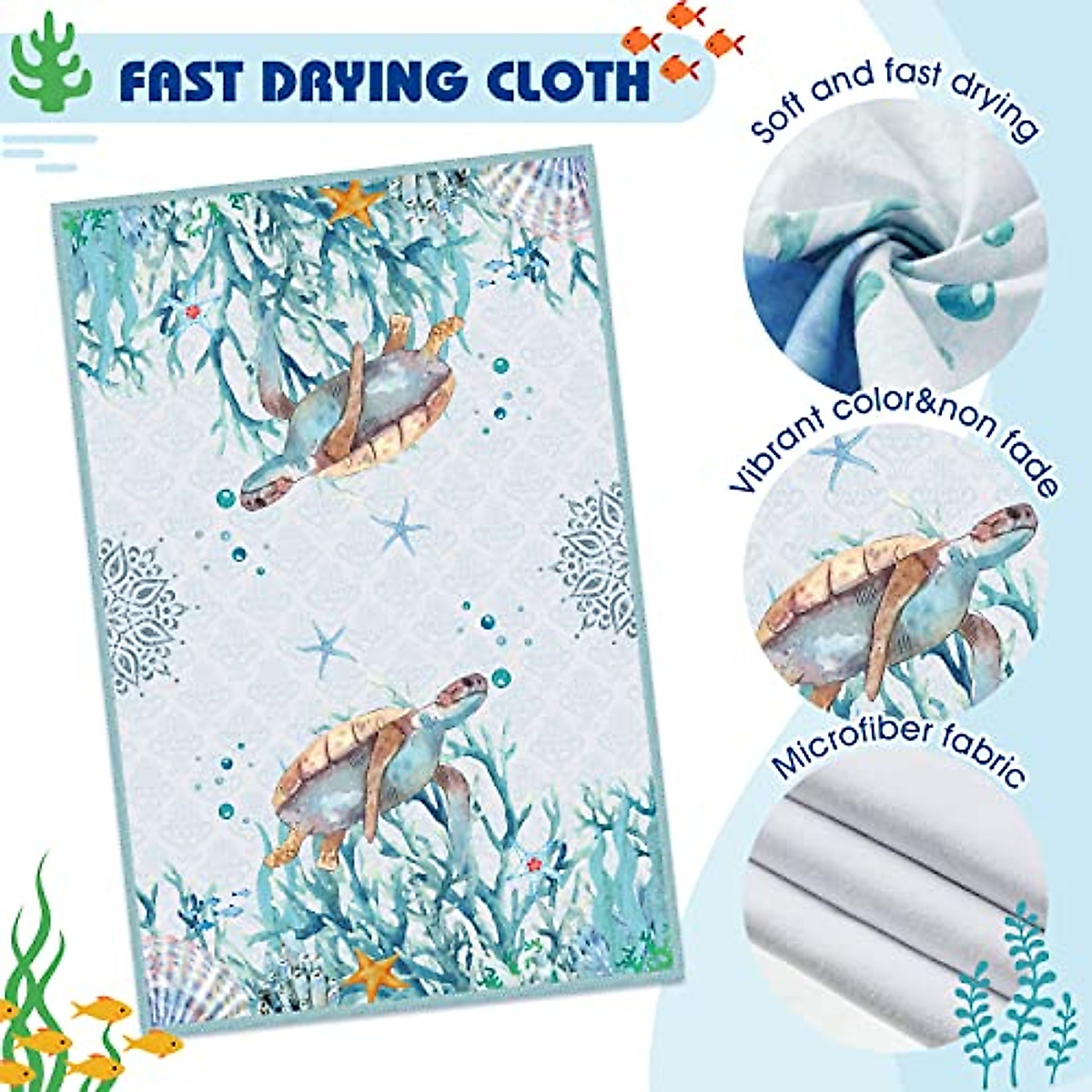 4 Pack Sea Kitchen Towels Beach Dish Towels for Kitchen Turtle Towels Hand Towels Ocean Animal Nautical Dish Cloths Kitchen Tea Towels for Cleaning, Drying (Ocean)