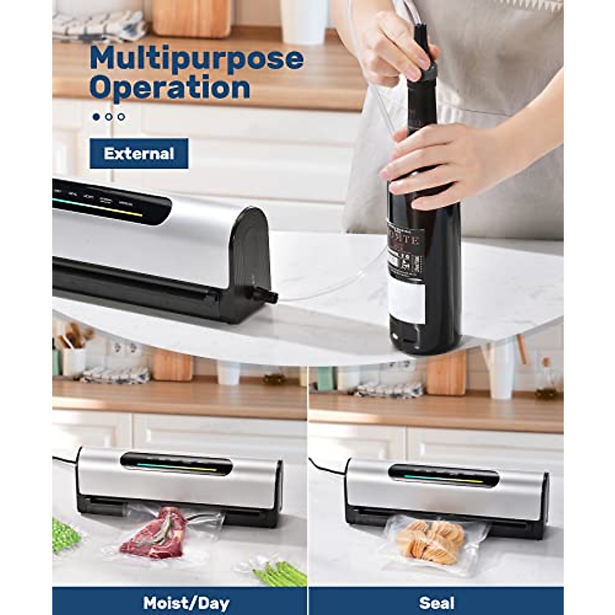 Vacuum Sealer Machine, 95Kpa Full Automatic Food Vacuum Sealer for Food Preservation & Sous Vide, with Astonishing Large LED Screen, 5 Vacuum Sealer Bags, Dishwashable Drip Tray, 15.15in