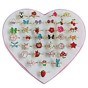 monochef 36pcs Little Girl Jewel Rings in Box Adjustable No Duplication Children Girls Kids Pretend Play Costume Princess Dress Up Jewelry Rings Party Favors Toys Gifts for Girls