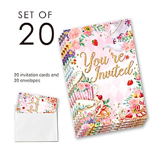 Tea Party Birthday Invitations Supplies Fill-In Set of 20 with Envelopes Pastel Tea Birthday Bash Invites Cards, Double Sided