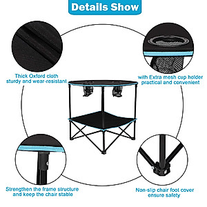 LUCKYERMORE Portable Camping Table, Folding Picnic Tables with 4 Cup Holders and Storage Rack, Carry Bag Included, Lightweight Tailgate Beach Table for Outside BBQ Picnic Beach, Black & Blue