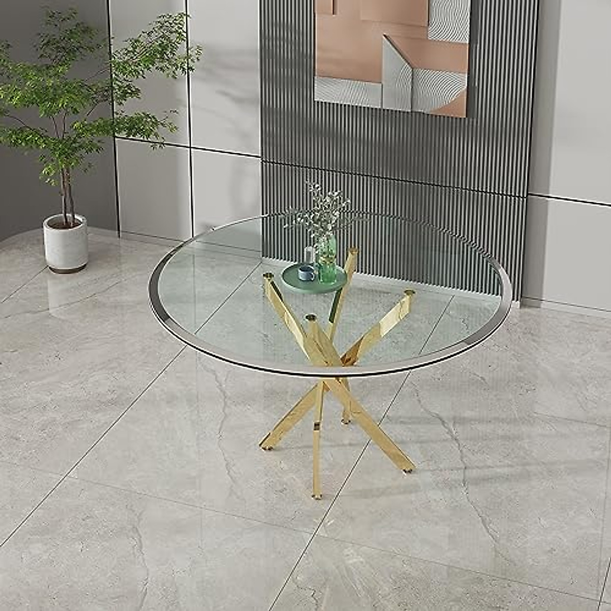 39" Round Dining Table, Glass Kitchen Dining Room Table for 4-6, Modern Circle Small Kitchen Table with 0.39" Tempered Glass Tabletop and Golden Stainless Steel Legs for Dinner Small Spaces