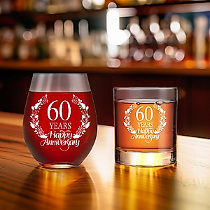 Perfectinsoy 60 Years Happy Anniversary Whiskey Glass and Stemless Wine Glass Gift Set, 60th Anniversary Wedding Gift For Mom, Dad, Soulmate, Couple, 60 Years Gifts, Happy 60th Anniversary