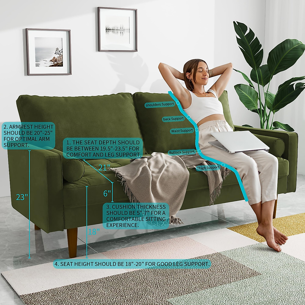 Meeyar 70" Velvet Loveseat Sofa, Couch for Small Apartment, Mid-Century Modern Loveseat Sofas Couches for Living Room Bedroom, Solid Wood Legs, Square Arms(Olive Green, 70")