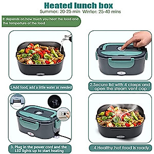 Electric Lunch Box Food Warmer Heater, 12V 24V 110V High Power Portable Microwave for Adults Food Heating, 1.5L Removable Stainless Steel Container for Car, Truck, Office, Home, Camping, Picnic