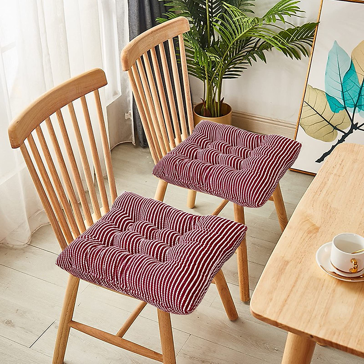CAMAL Set of 2 Retro Striped Chair Cushion with Ties, 16" x 16" Non Slip Square Chair Pads Seat Cushions, Comfort & Softness Dining Chair Cushions Reduces Pressure (Coffee)