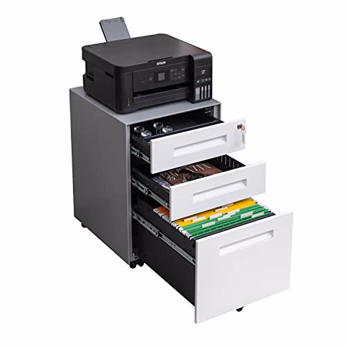 3-Drawer Mobile File Cabinet with Lock, Office Storage Filing Cabinet for Legal/Letter Size, Pre-Assembled Metal File Cabinet Except Wheels Under Desk (White+Gray)