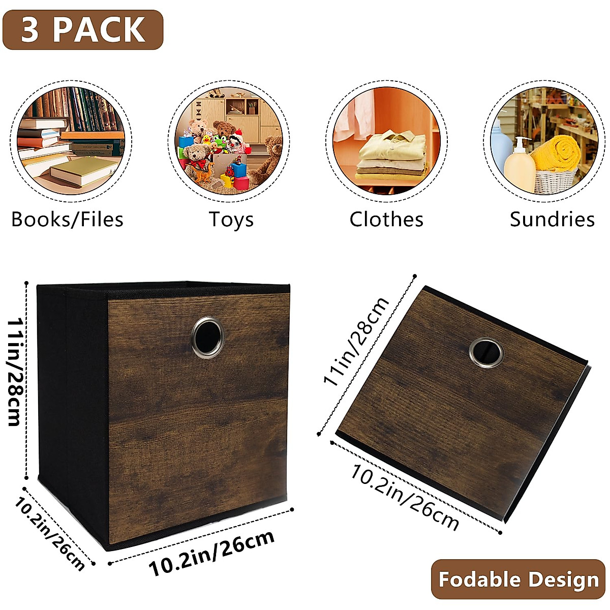 Sturdy Storage Bins with Exquisite Wood Grain Pattern,Thickened Fabric Cube Baskets,Open Container box for Organizer Shelf,Cabinet,Closet,Bookcase,Nursery,Office,Home,Storeroom,10.2x10.2x11in,Set of 3