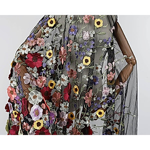 Multicolor 3D Flowers Heavy Embroidery Lace Floral Fabric for Sewing Dresses (Black Background, 1 Yard)