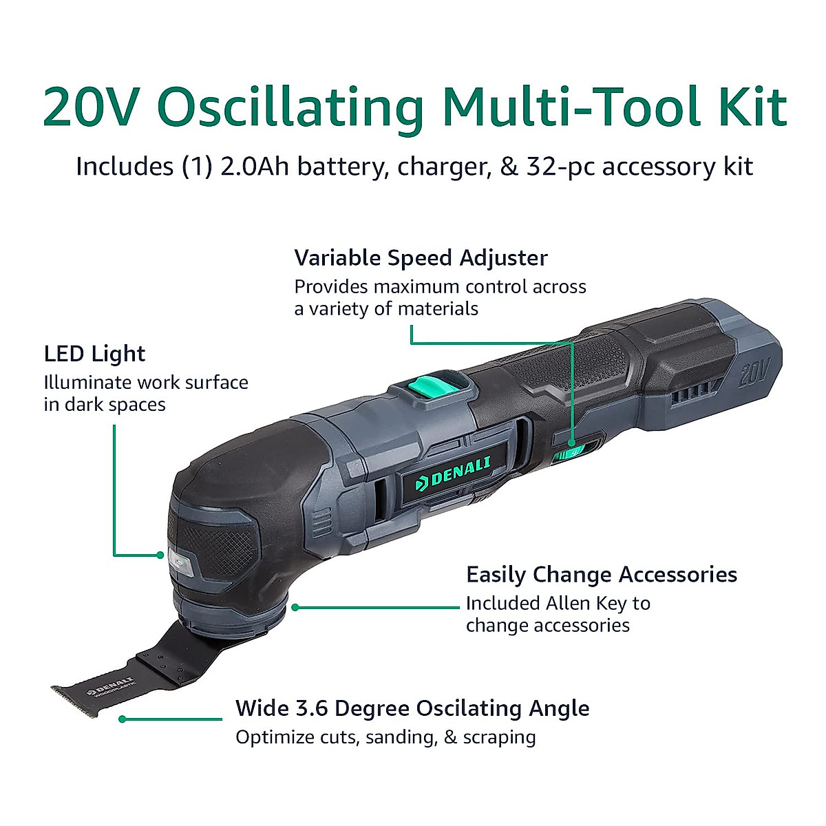 Amazon Brand - Denali by SKIL 20V Cordless Oscillating Multi-Tool Kit with 32 Piece Accessory Kit, 2.0Ah Lithium Battery, 2.4A Charger and Case