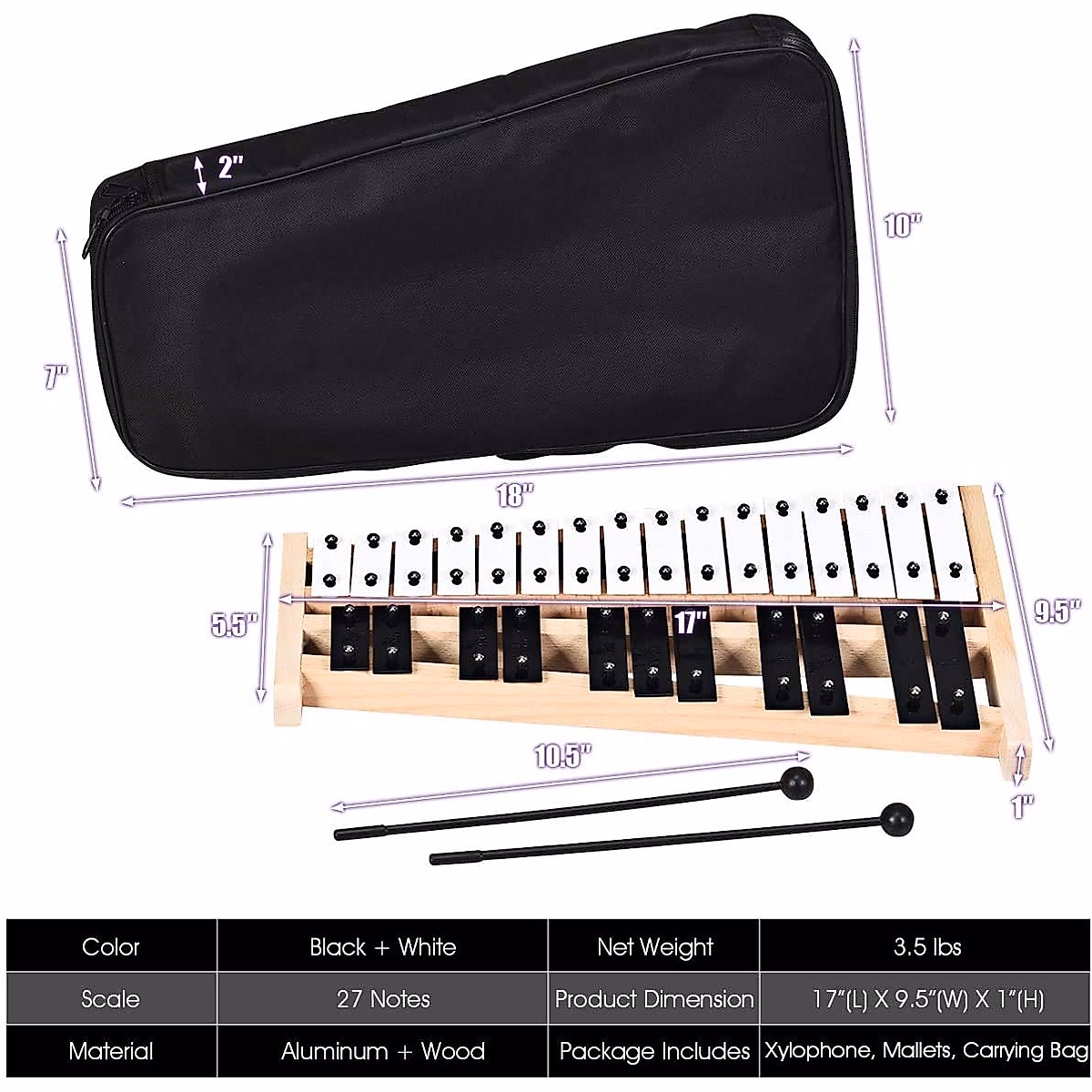 Giantex 27 Note Glockenspiel Xylophone, Percussion Instrument with Wood Base and 27 Metal Keys, Alto Full Size Glockenspiel Xylophone for Adults and Kids- Includes 2 Mallets and Carrying Bag