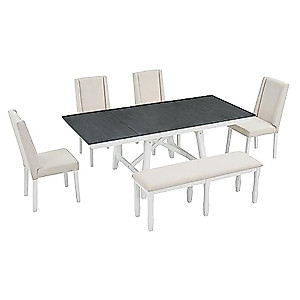 HAUSHECK Classic 4-6, Modern Home Furniture Small Space with Rectangular Extendable Table w/Two 12" W Removable Leaves, Upholstered Bench & Chairs w/Wing Back, Kitchen & Dining Room Sets for 6, White